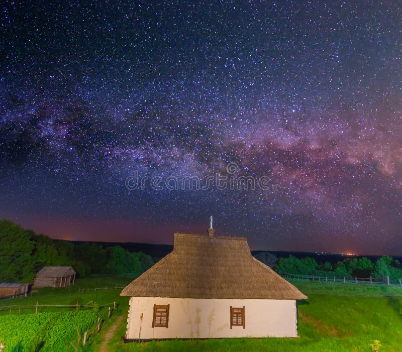 Small House in a Night Village Stock Photo - Image of house, field ...