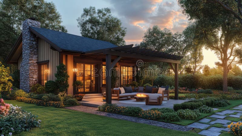 A Small House with a Patio and Fire Pit in the Backyard, AI Stock Photo ...