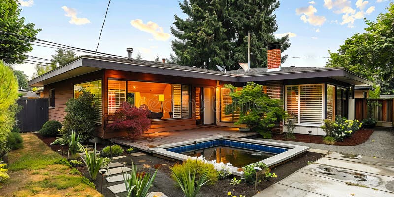 A Small House with a Pond in the Backyard Stock Photo - Image of estate ...