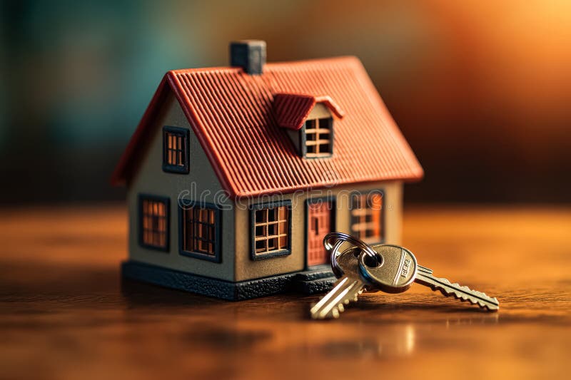 Small House with a Red Roof and a Key on the Table Stock Image - Image ...