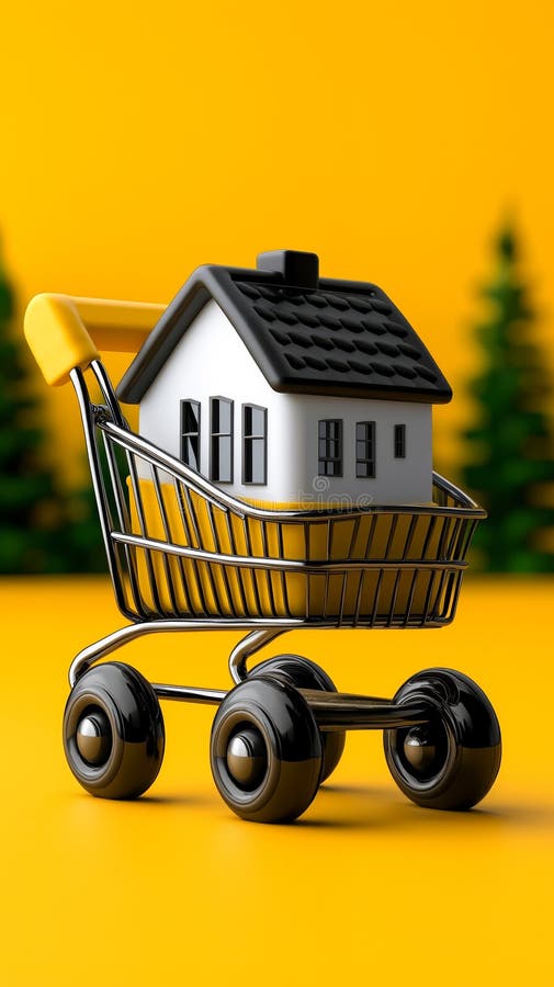 A Small House in a Shopping Cart on a Yellow Background Stock ...