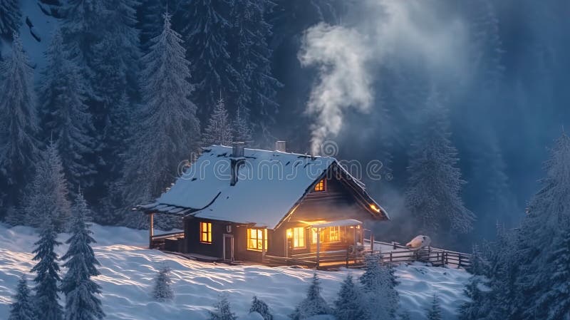 Small House in the Snowy Mountains in the Middle of the Forest. Burning ...