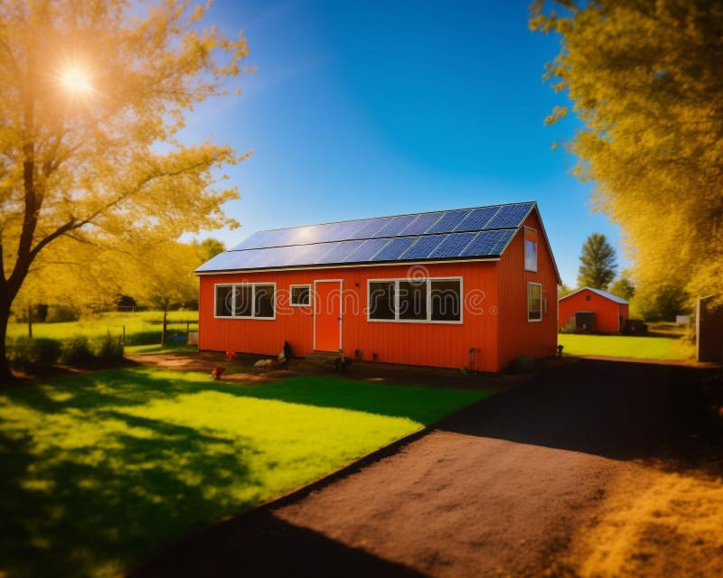 Small House with Solar Panels, Countryside. Stock Photo - Image of ...