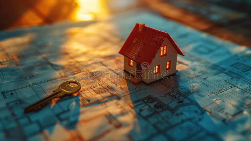 A Small House is on Top of a Blueprint. a Key is Placed on the ...
