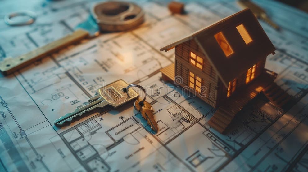 A Small House is on Top of a Blueprint. a Key is Placed on the ...