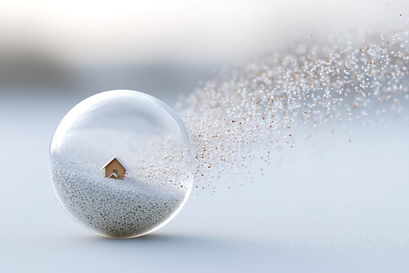 Small House Trapped in a Glass Sphere with Sand Particles Drifting Away ...
