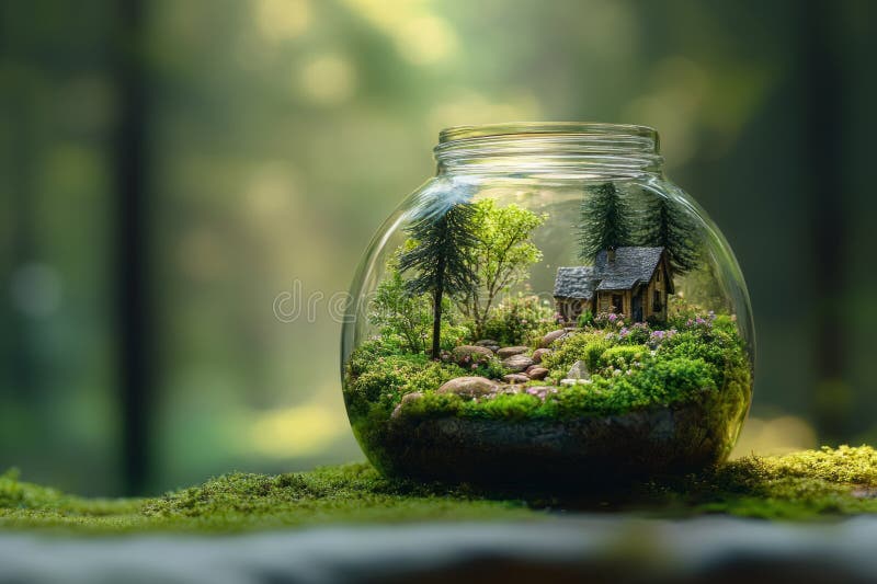 Small House with Trees and Moss Growing Inside a Glass Jar in a Lush ...