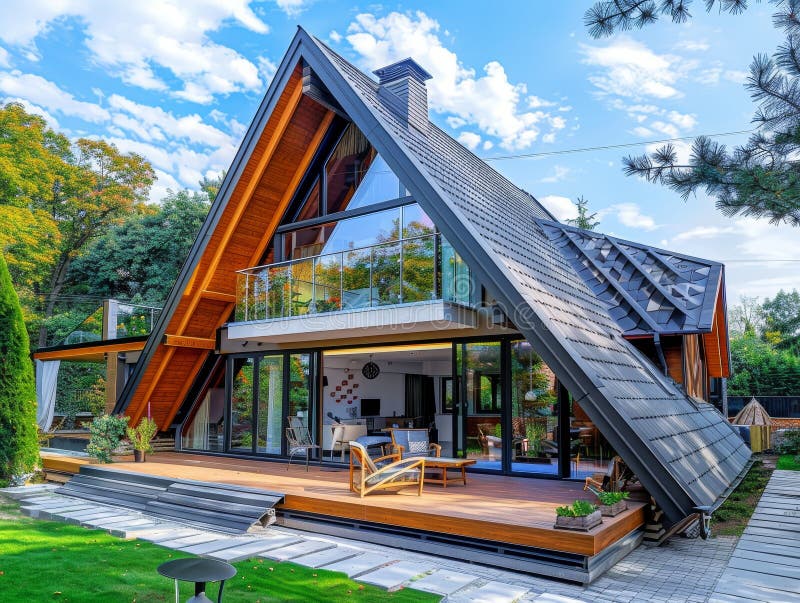 A Small House with a Triangular Roof and Lots of Windows Stock ...