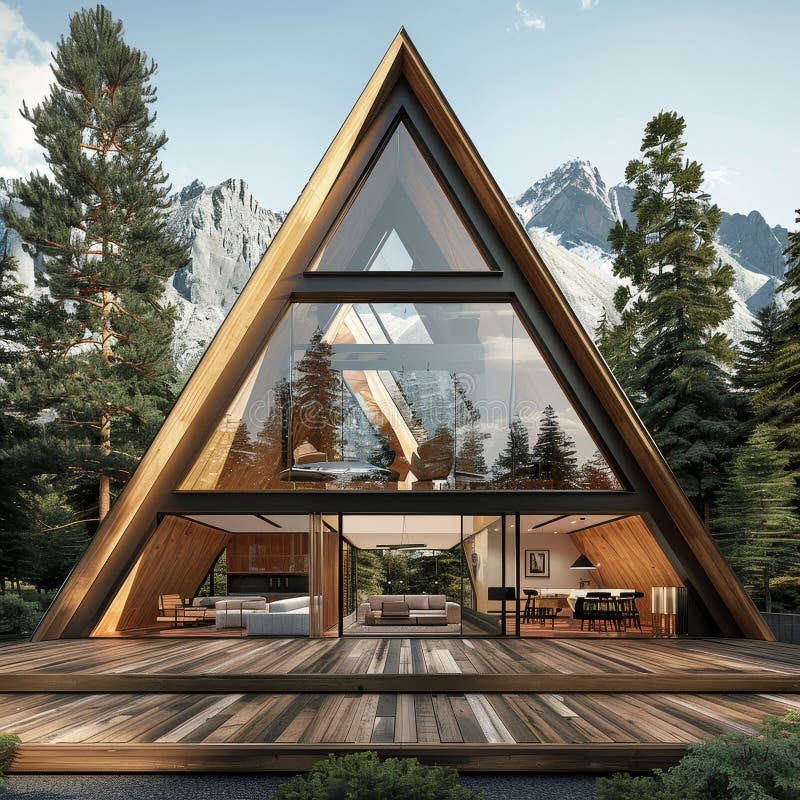 A Small House with a Triangular Roof and Lots of Windows Stock ...