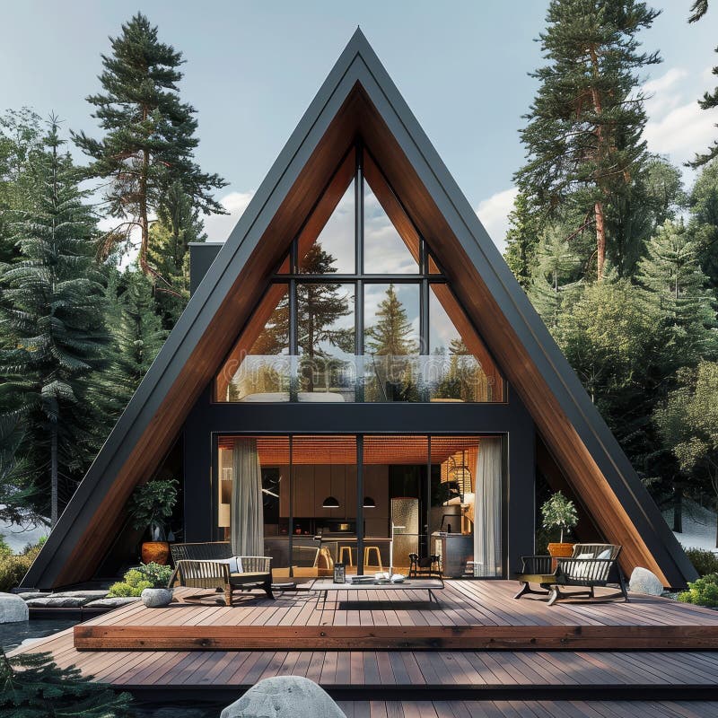 A Small House with a Triangular Roof and Lots of Windows Stock ...