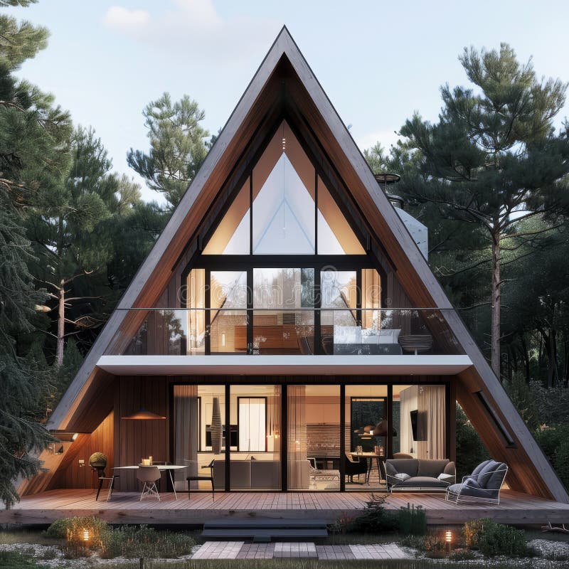 A Small House with a Triangular Roof and Lots of Windows Stock ...