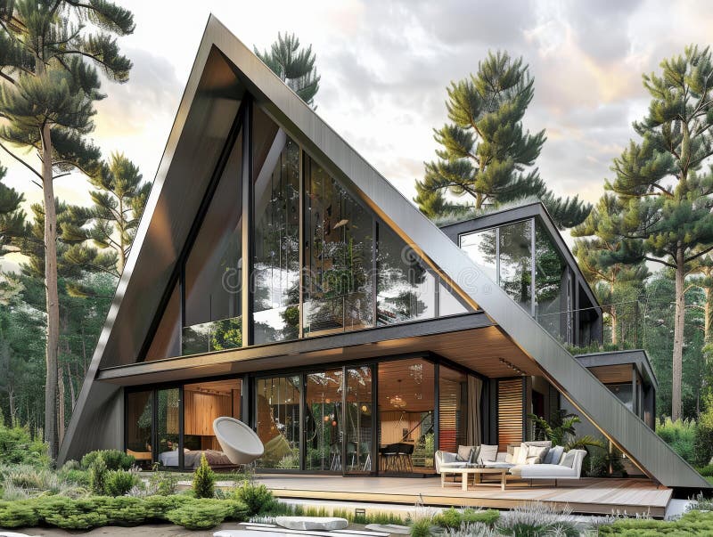 A Small House with a Triangular Roof and Lots of Windows Stock ...