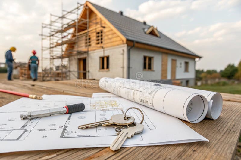 Small House Under Construction with Keys and Electrical Diagrams Stock Illustration ...