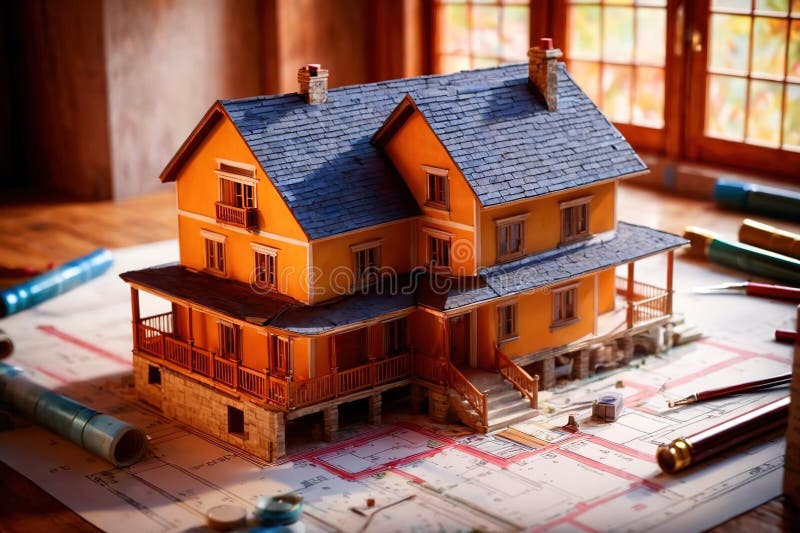 Small House Under Construction on Top of Blueprints Stock Illustration ...