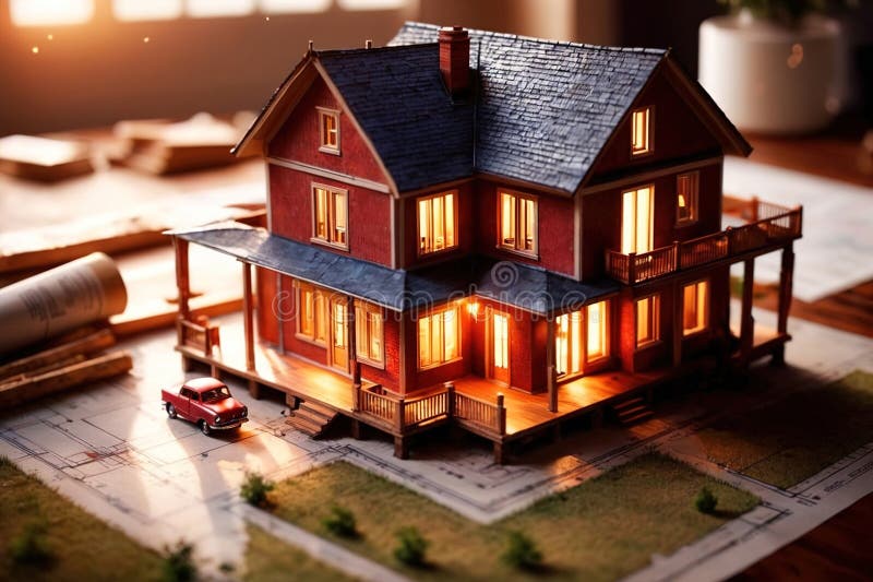 Small House Under Construction on Top of Blueprints Stock Illustration ...