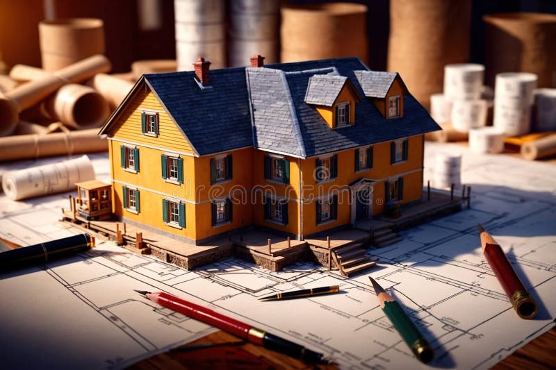 Small House Under Construction on Top of Blueprints Stock Illustration ...