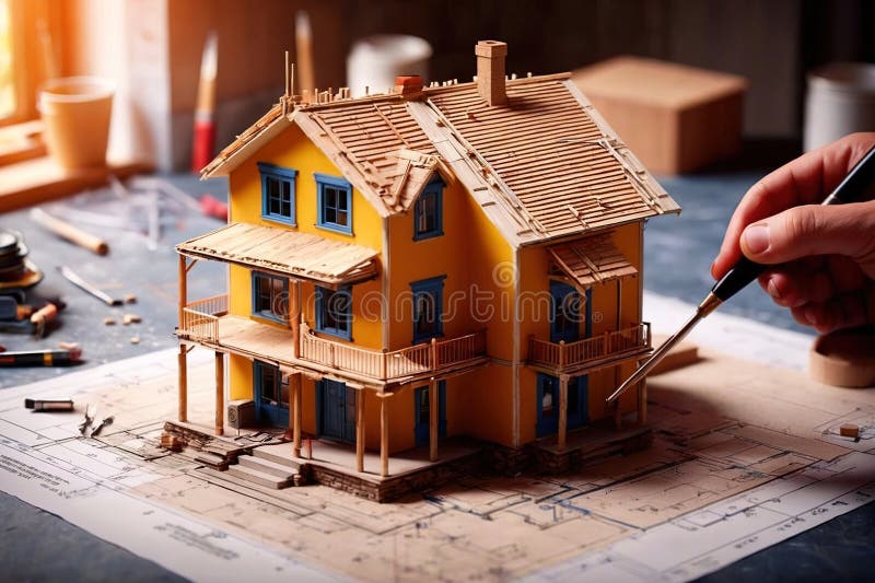 Small House Under Construction on Top of Blueprints Stock Illustration ...