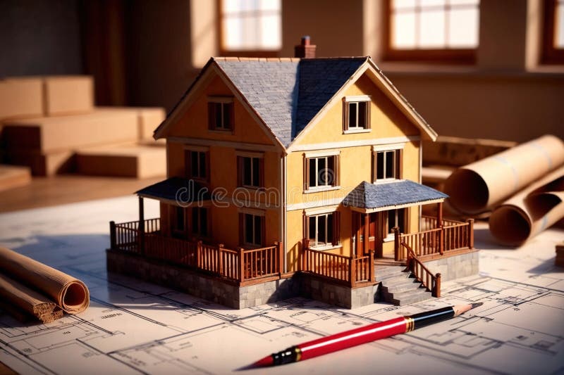 Small House Under Construction on Top of Blueprints Stock Illustration ...