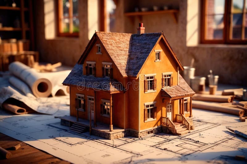 Small House Under Construction on Top of Blueprints Stock Illustration ...