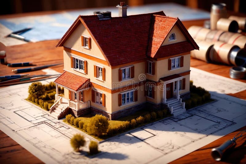 Small House Under Construction on Top of Blueprints Stock Illustration ...