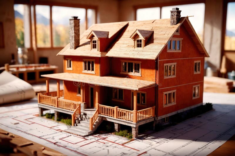 Small House Under Construction on Top of Blueprints Stock Illustration ...