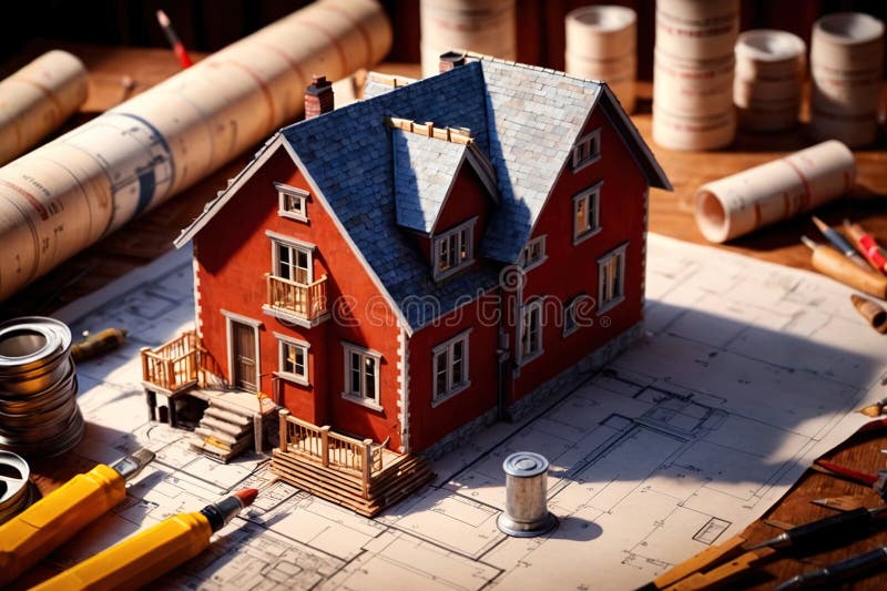 Small House Under Construction on Top of Blueprints Stock Illustration ...