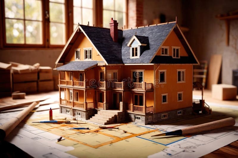 Small House Under Construction on Top of Blueprints Stock Illustration ...