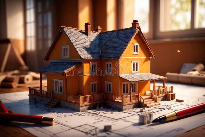 Small House Under Construction on Top of Blueprints Stock Illustration ...