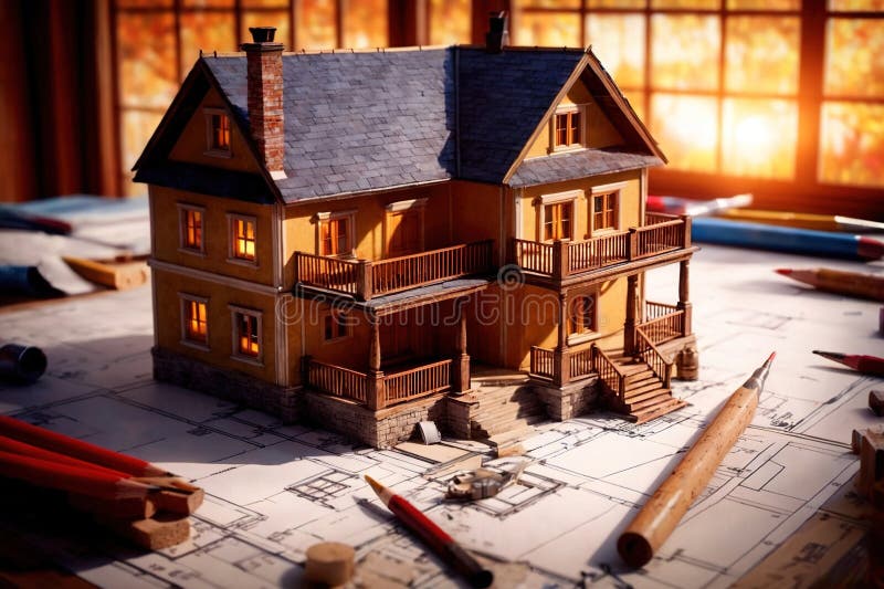Small House Under Construction on Top of Blueprints Stock Illustration ...
