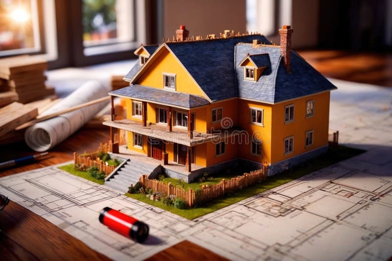 Small House Under Construction on Top of Blueprints Stock Illustration ...