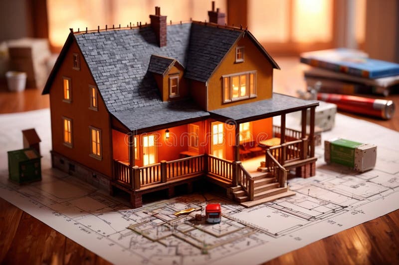 Small House Under Construction on Top of Blueprints Stock Illustration ...