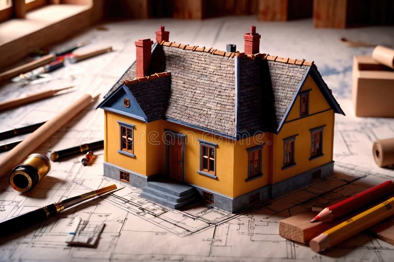 Small House Under Construction on Top of Blueprints Stock Illustration ...