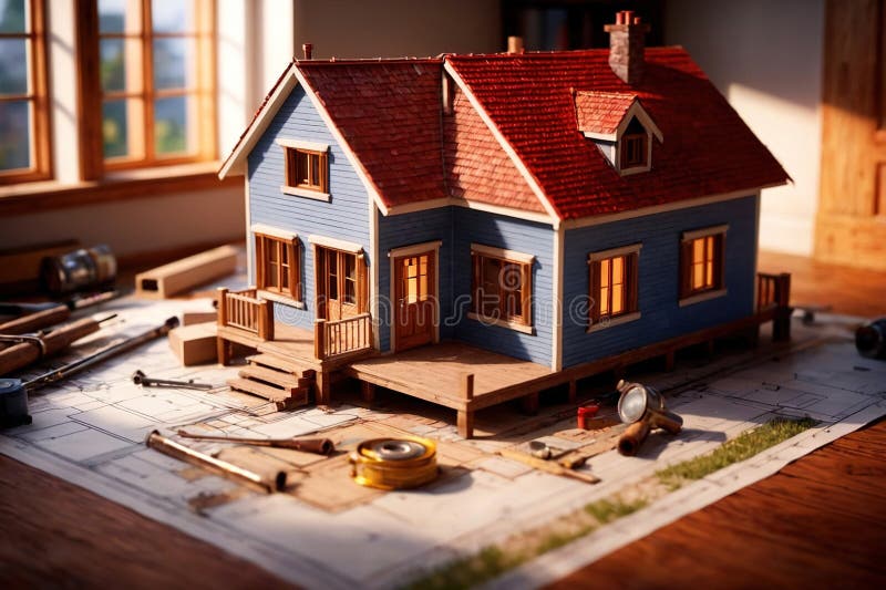 Small House Under Construction on Top of Blueprints Stock Illustration ...