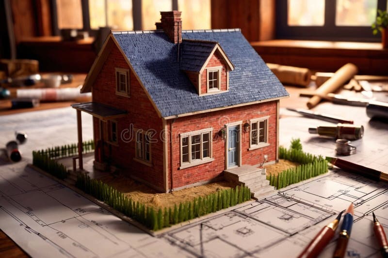 Small House Under Construction on Top of Blueprints Stock Illustration ...