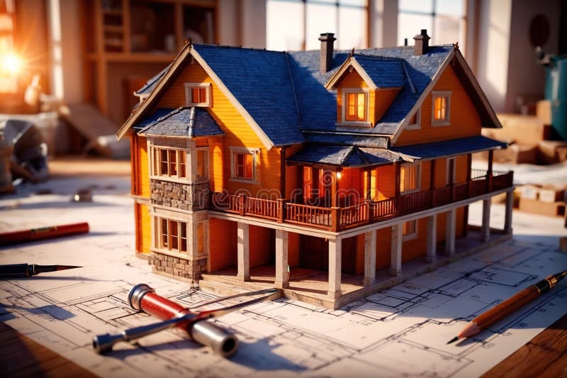 Small House Under Construction on Top of Blueprints Stock Illustration ...