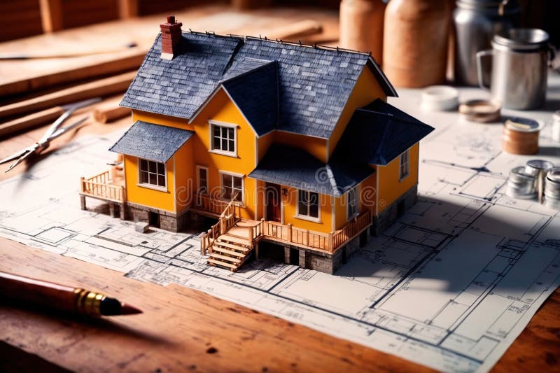 Small House Under Construction on Top of Blueprints Stock Illustration ...