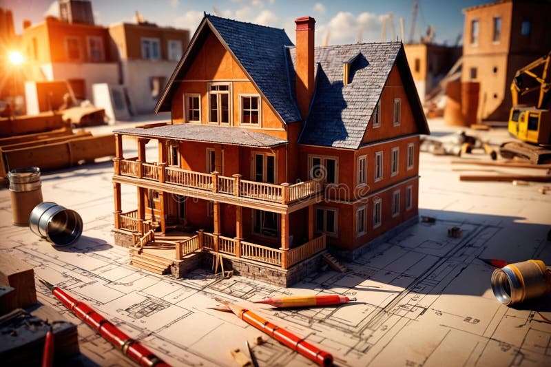 Small House Under Construction on Top of Blueprints Stock Illustration ...