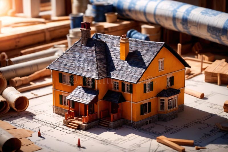 Small House Under Construction on Top of Blueprints Stock Illustration ...