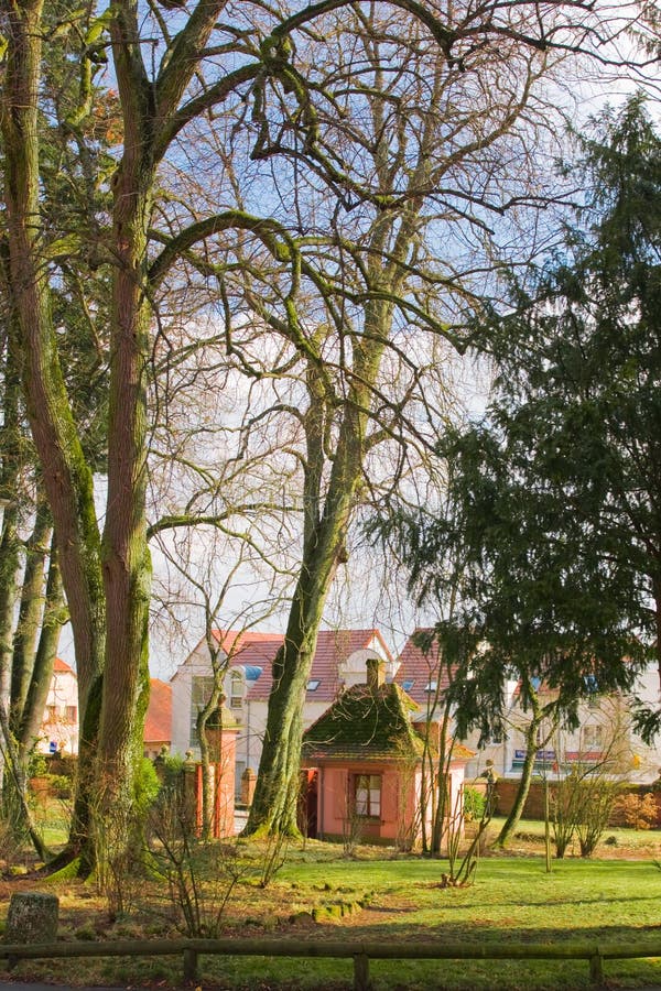 Small houses behind trees stock image. Image of cosy, cloud - 8679345