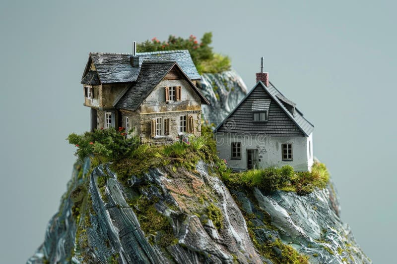 Small Houses Perched High Up on a Mountain, Scenic Landscape Stock ...