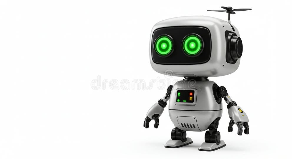 Small, Humanoid Robot with a Glossy Silver Body and Large, Rectangular ...