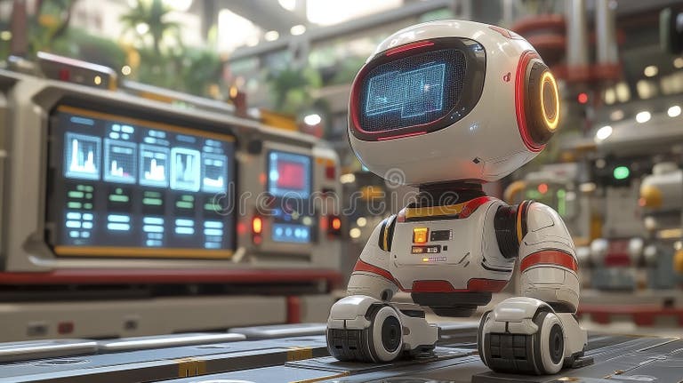 Small Humanoid Robot in a High-tech Control Center Stock Illustration ...