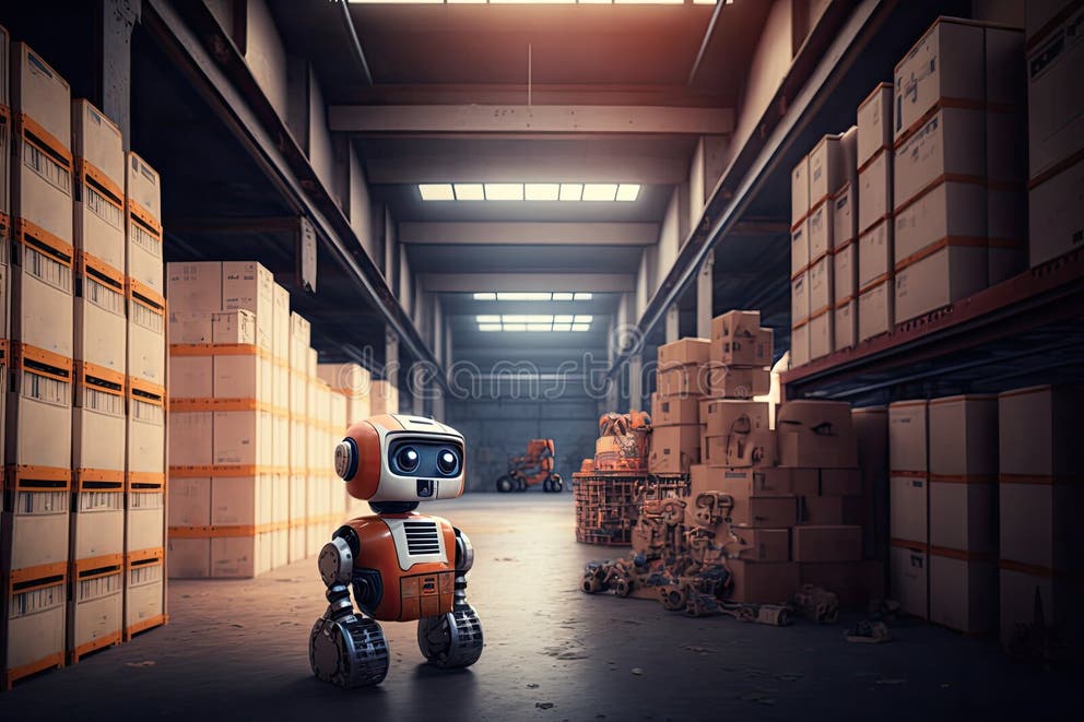 Small Humanoid Robot in a Large Warehouse with Boxes on the Shelves ...