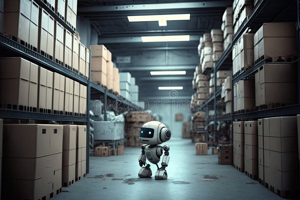 Small Humanoid Robot in a Large Warehouse with Boxes on the Shelves ...