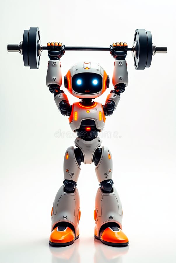 A Small Humanoid Robot is Lifting a Barbell with Weights in a Well-lit ...