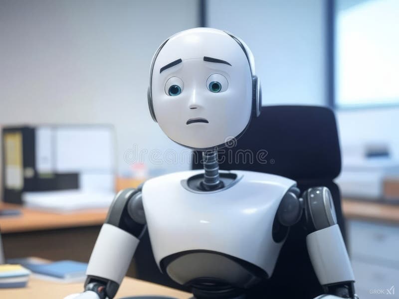 A Small, Humanoid Robot Sits at a Desk in an Office, Appearing ...