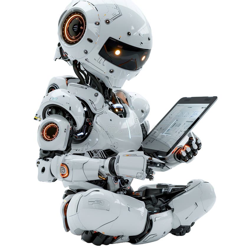 A Small Humanoid Robot Sitting Reading on a Digital Tablet on a ...