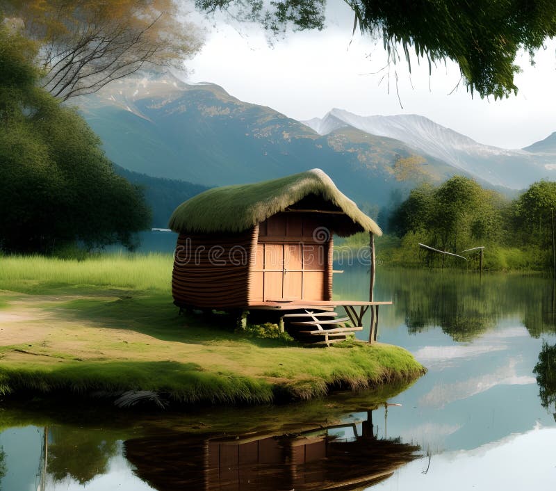 Small Hut on Lakeside, Generative AI Illustration Stock Illustration ...