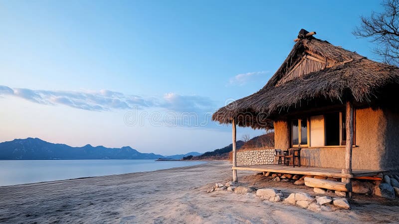 A Small Hut on the Shore of a Lake with Mountains in the Background ...
