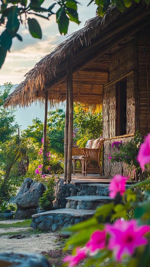 A Small Hut with a Thatched Roof Surrounded by Flowers and Plants Stock ...